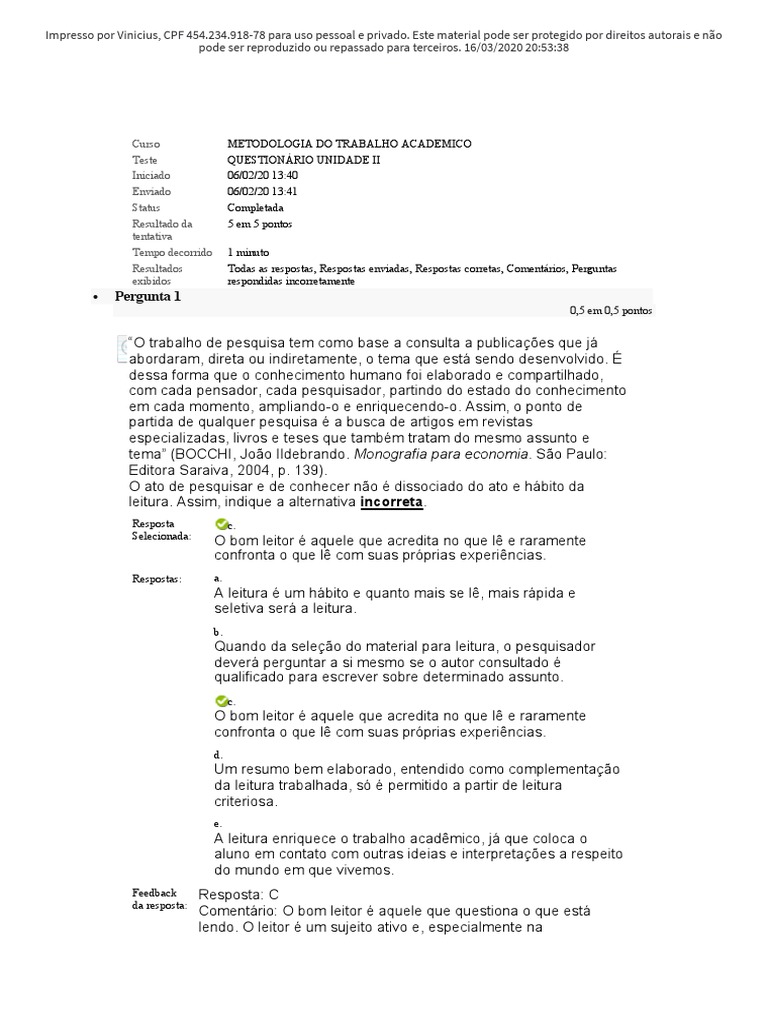 Questionario Unidade Ii Metodologia Do T | PDF | Science | Método científico