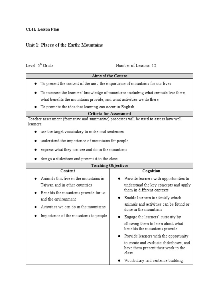 CLIL Lesson Plan Unit 1 | PDF | Learning | Lesson Plan