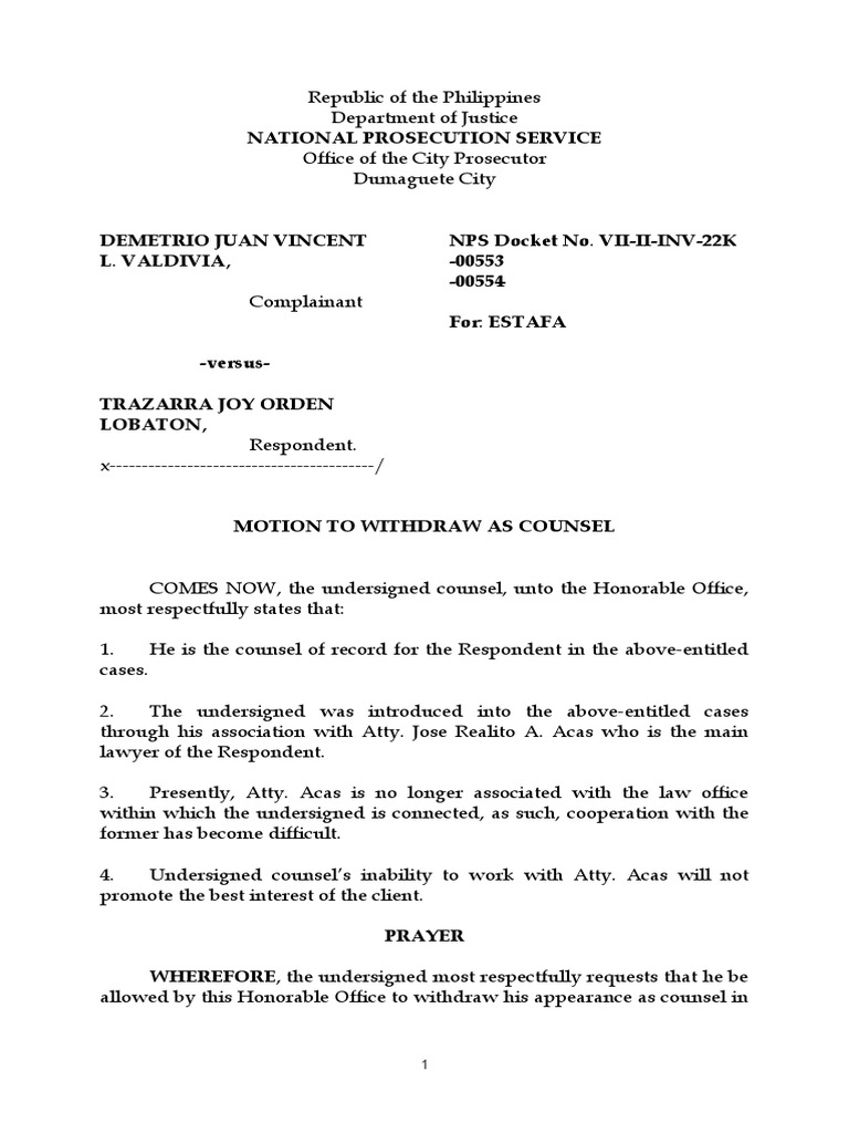 Motion To Withdraw As Counsel | PDF | Common Law | Ethical Principles