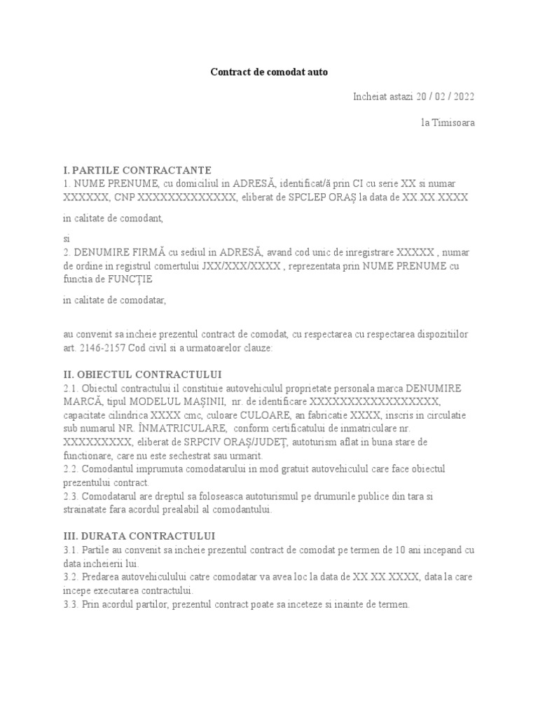 Contract de Comodat Auto - Draft | PDF