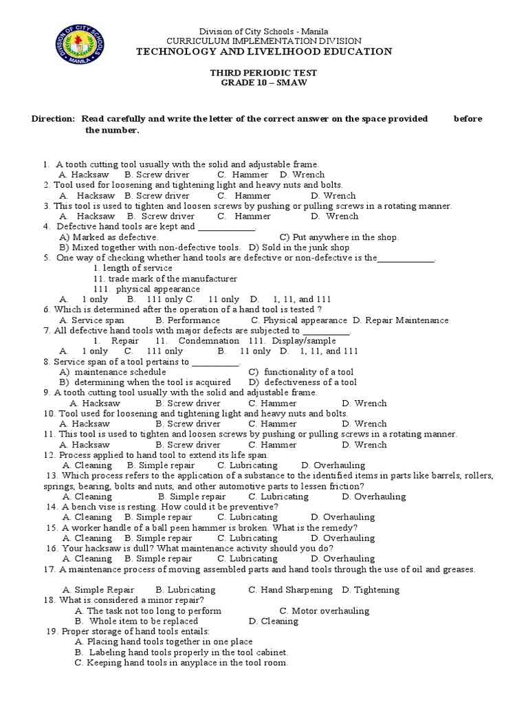 SMAW Grade 10 Third Periodic Test | PDF | Hazards | Personal Protective ...