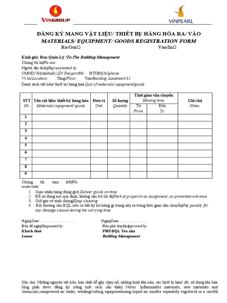 Materials - Equipment - Goods Registration Form | PDF