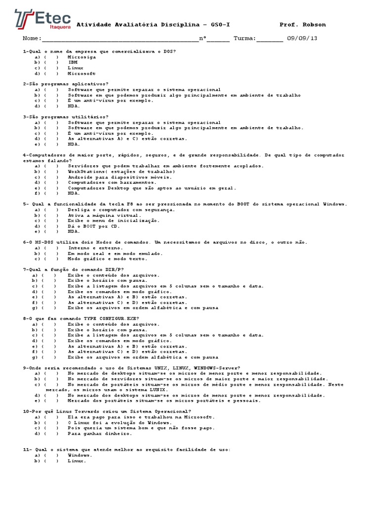 AVALIAÇÃO DE GSO | PDF | Ambiente de desktop | Inicialização (informática)