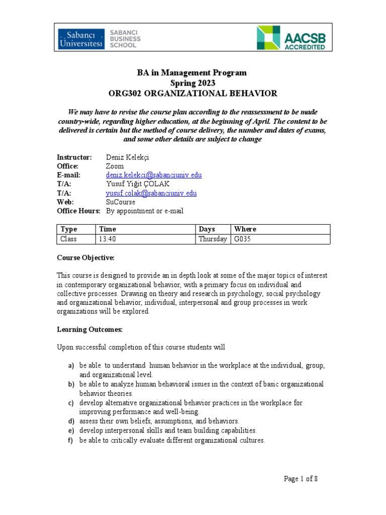 Organizational Behavior Course Syllabus Outlines Key Aspects of Spring ...