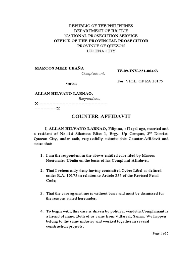 Counter-Affidavit ALLAN LABNAO y HILVANO | Download Free PDF ...