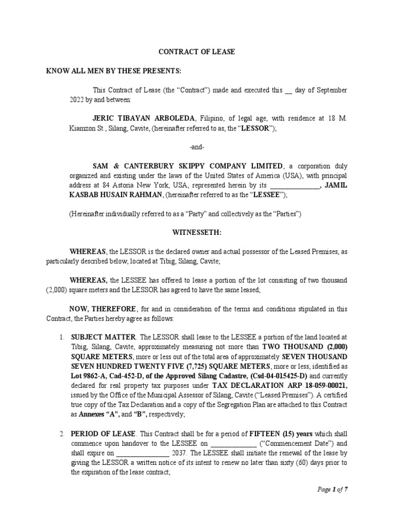 CONTRACT OF LEASE Tibig Silang Revised With Comments 091522corrections | PDF | Lease | Renting