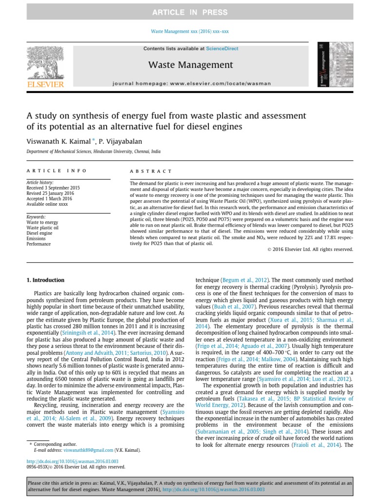Waste Plastic to Diesel Fuel Study | PDF | Diesel Fuel | N Ox