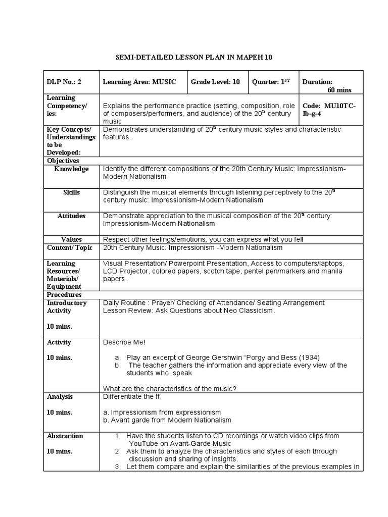 MUSIC10 Q1 L2 MELCs | PDF | Learning | Lesson Plan