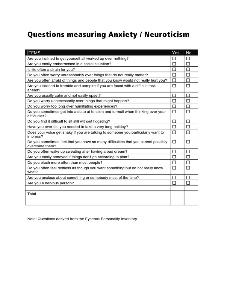 Anxiety and Neuroticism Assessment Questions | PDF | Career & Growth ...