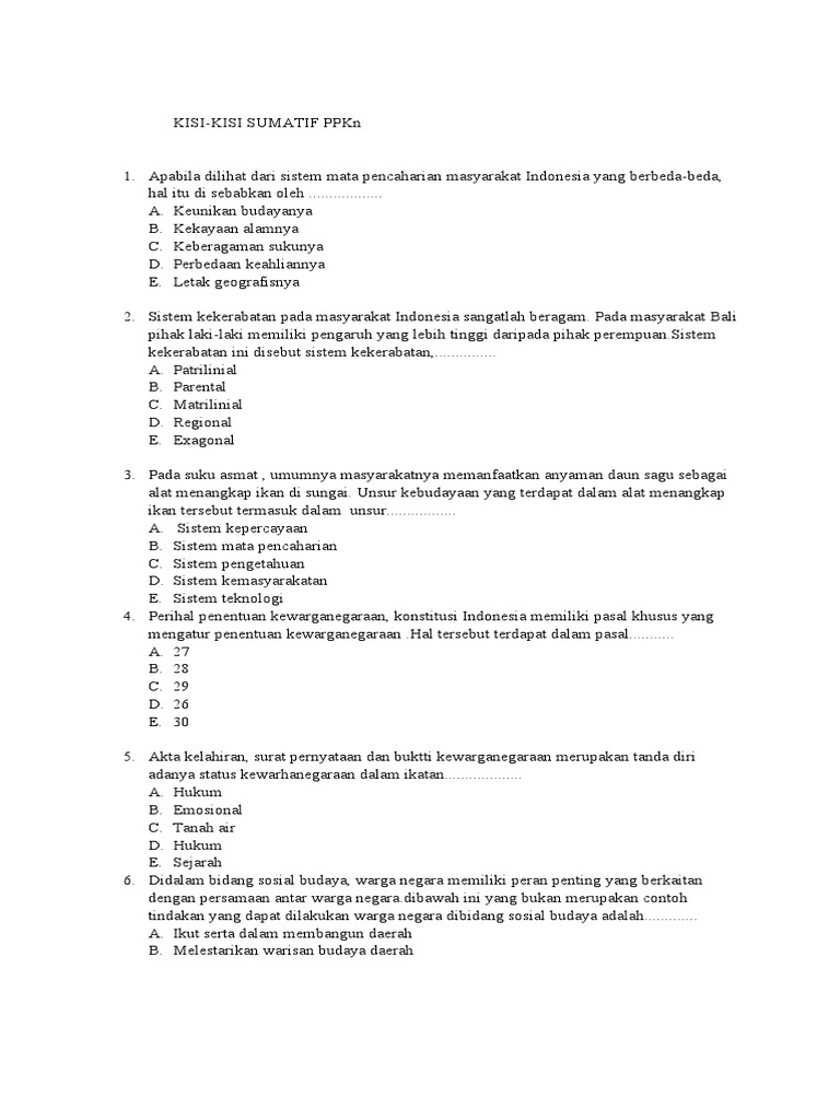 Kisi-Kisi Ujian PPKn | PDF