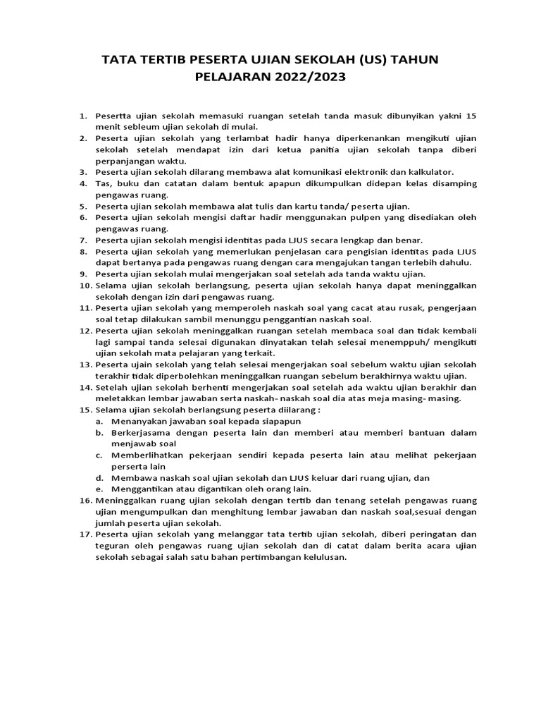 Tata Tertib Peserta Ujian Sekolah | PDF