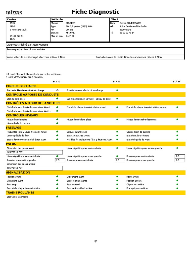 Fiche Diagnostic Automobile Peugeot 206 | PDF | Pneumatique (véhicule ...