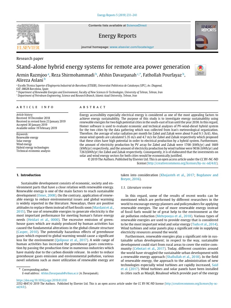 Stand Alone Hybrid Energy Systems For Remote Area Power Generation Pdf Renewable Energy