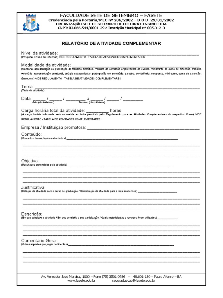 Modelo de Relatorio para Atividades Complementares | PDF