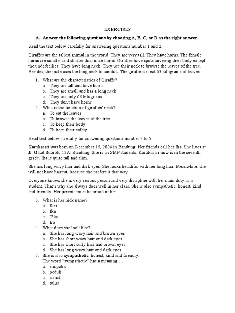 EXERCISES | PDF | Giraffe | Hair