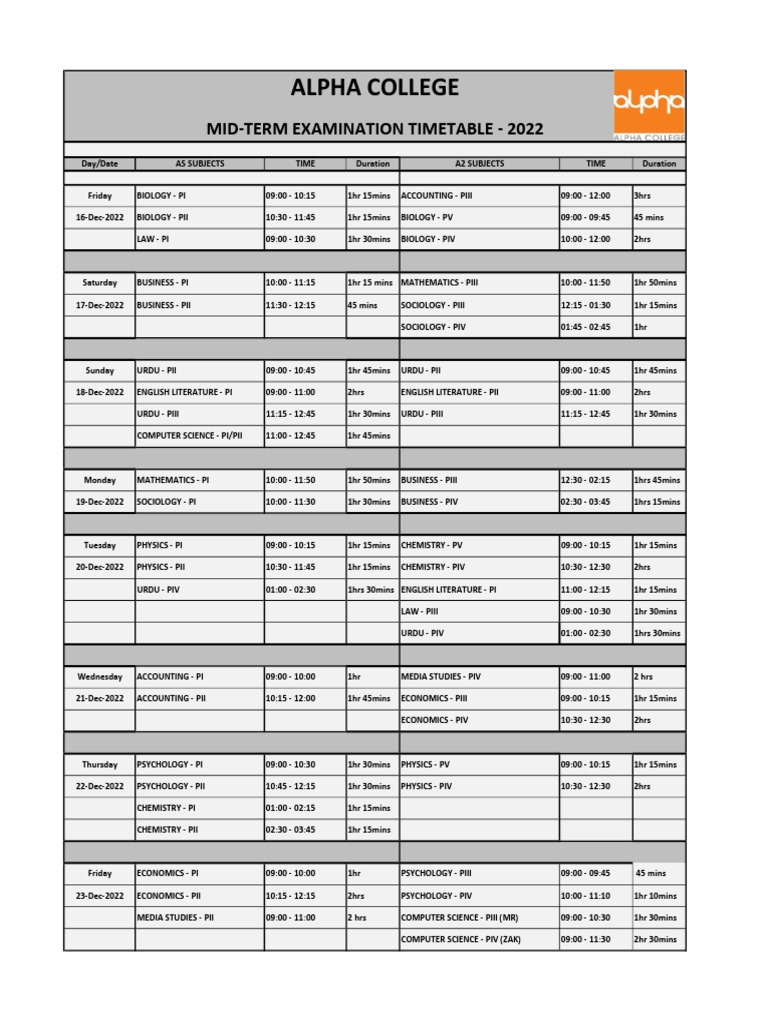 Midterm Exam Timetable.pdf | PDF