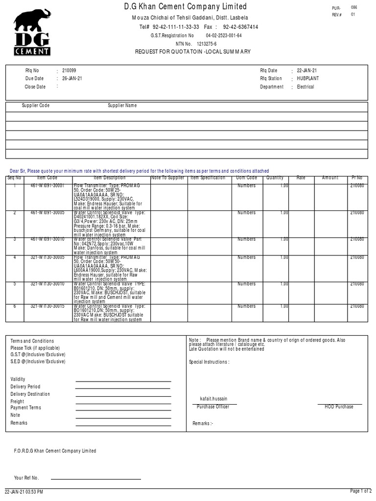 PR # 210080, Transmitter & Valve RFQ # 210099 PDF | PDF | Equipment ...