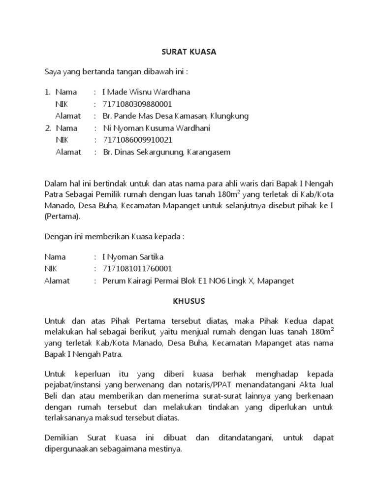 Surat Kuasa Penjualan Tanah Warisan | PDF