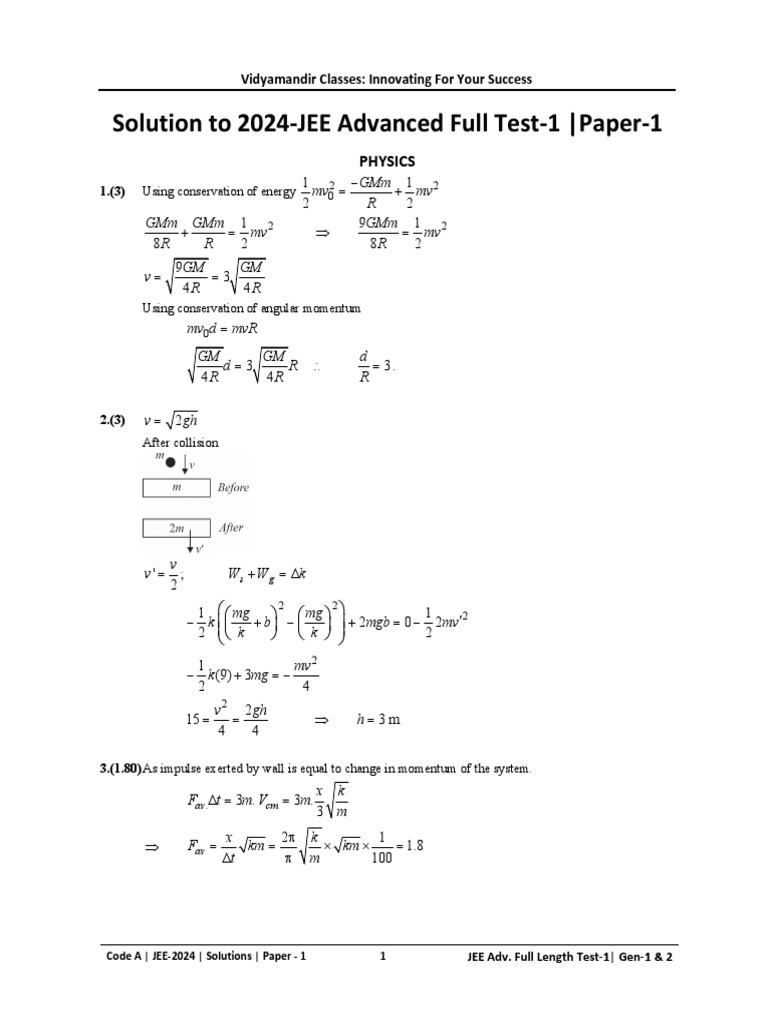 2024-JEE Advanced Full Test-1 - Paper-1 - Solutions PDF | PDF ...