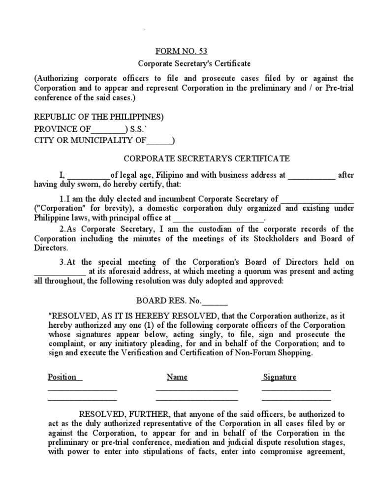FORM NO. 53 Corporate Secretary's Certificate | PDF | Affidavit | Legal ...