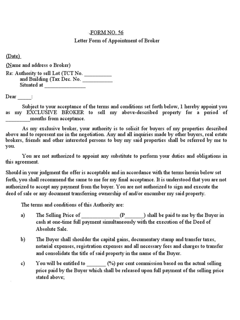Broker Appointment Letter Form 56 | PDF | Deed | Property