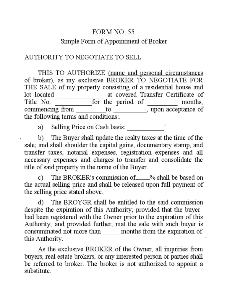FORM NO. 55 Simple Form of Appointment of Broker | PDF