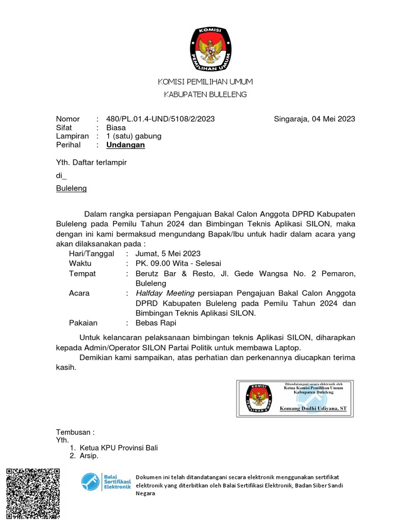 Undangan Bimbingan Teknis SILON Buleleng | PDF