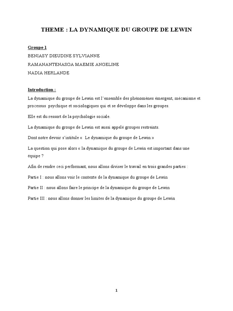 Dynamique du groupe selon Lewin | PDF | Direction | Sciences comportementales