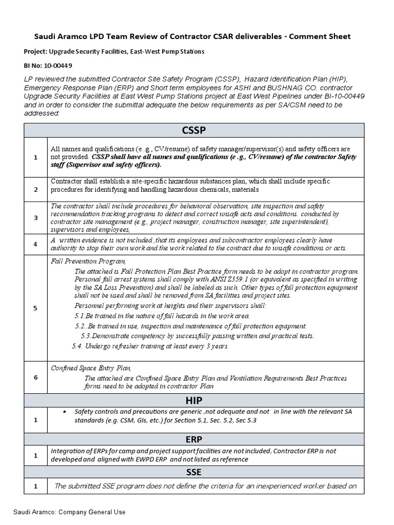 Aramco LPD Team Review of CSAR Submittals | PDF | Employment | Workplace