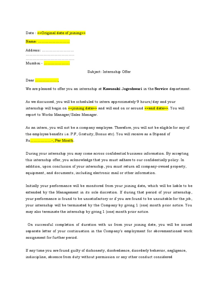 Draft Internship Letter | PDF