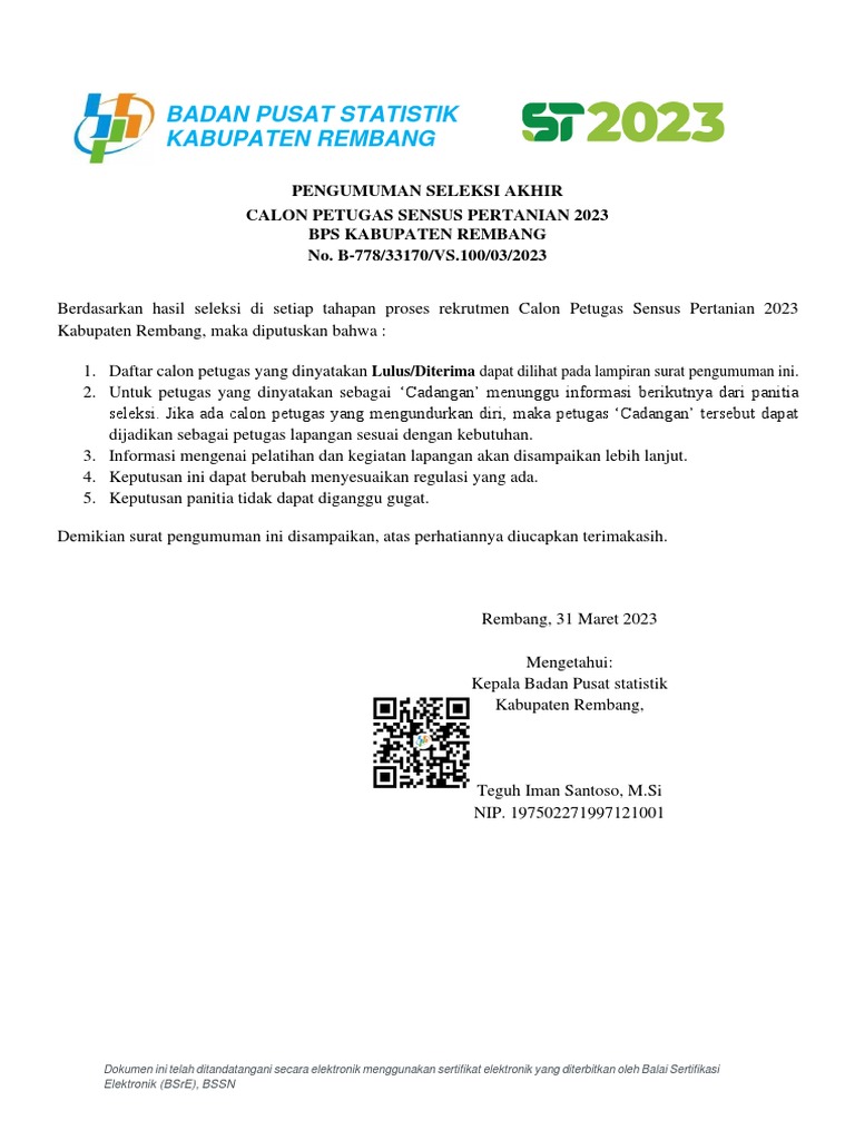 Hasil Seleksi Petugas Sensus 2023 | PDF