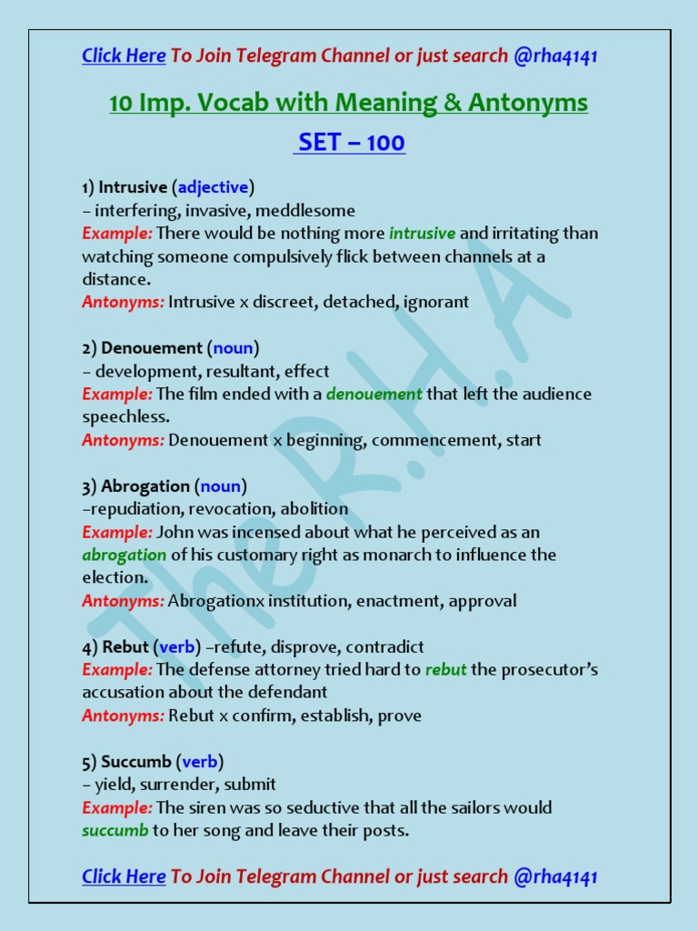 10 Imp. Vocab with Meaning & Antonyms Set 100 | PDF