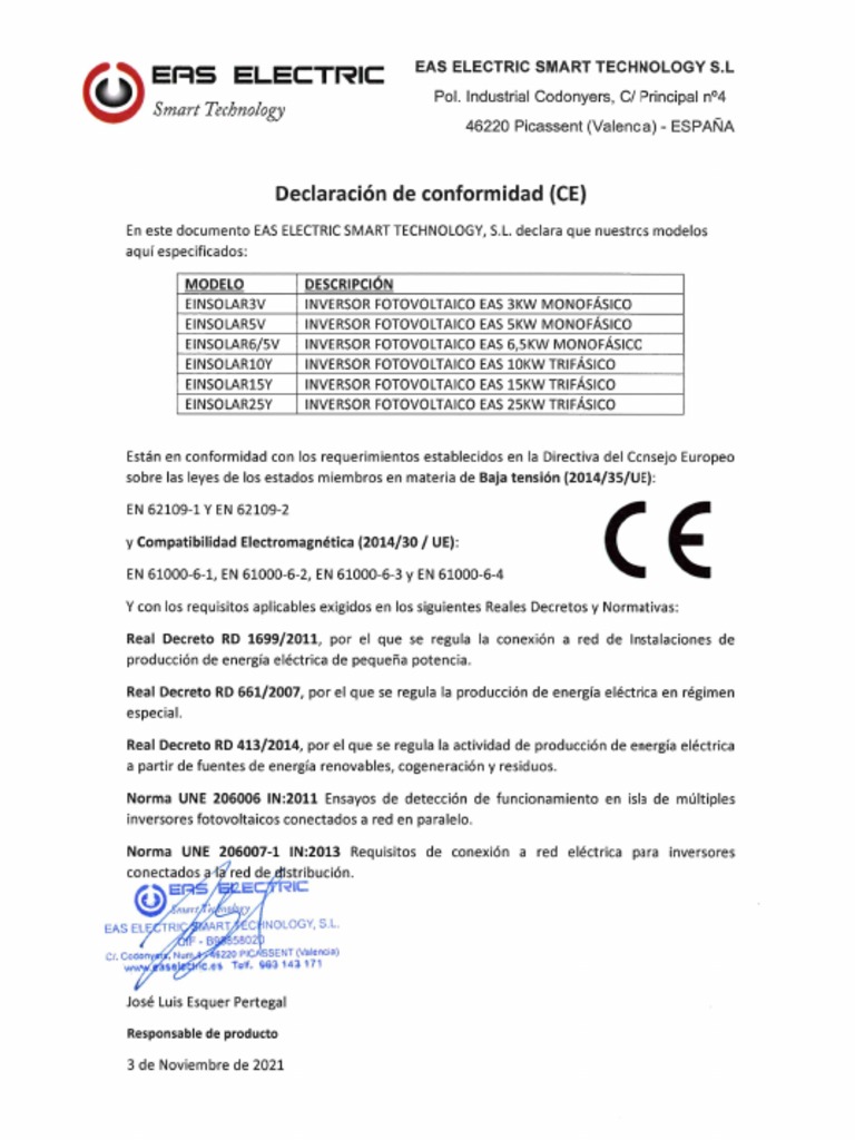 Certificado Homologacion Inversor EAS Declaración CE Inversores | PDF