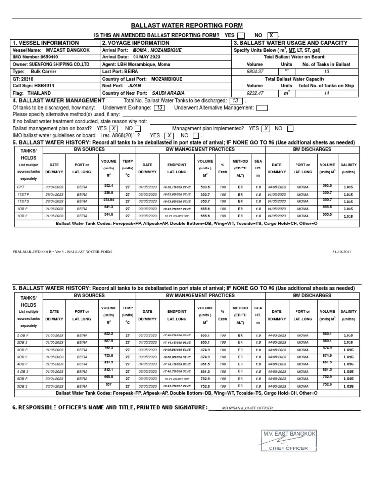 Frm-Mar-Jet-0001b - Ballast Water Form | PDF | Freight Transport | Water