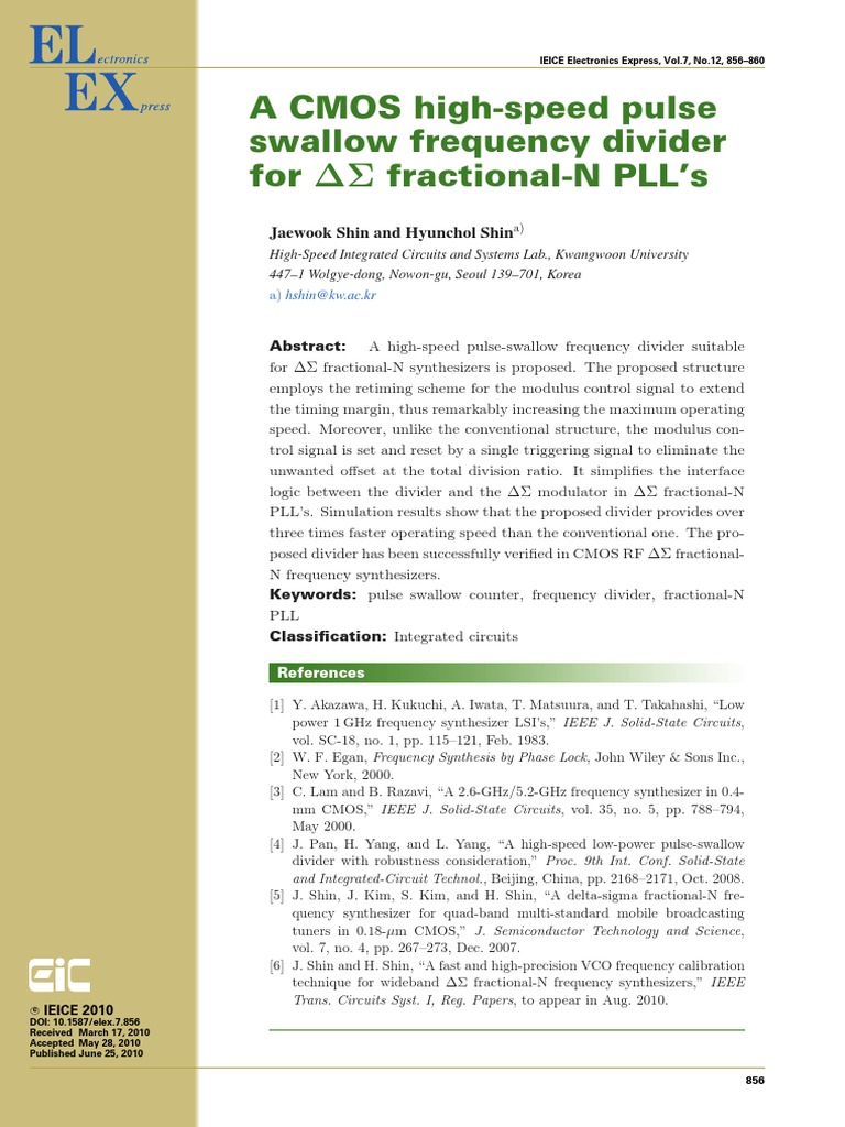 A CMOS High-Speed Pulse Swallow Frequency Divider For Fractional-N PLL's | PDF | Computer ...