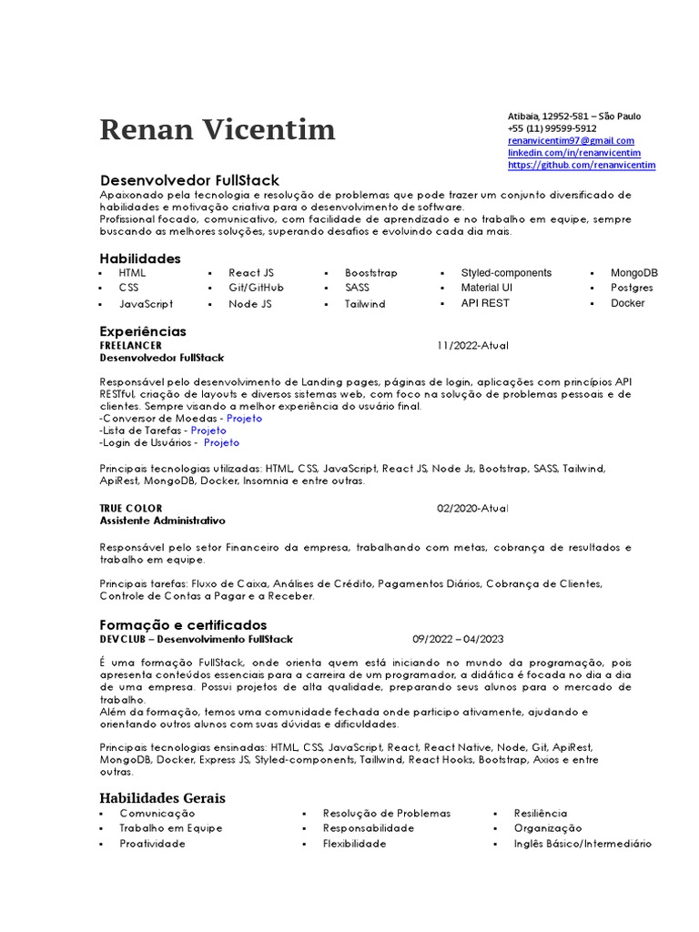 Currículo Full Stack Renan Vicentim PDF | PDF | Script Java | Html Currículo Full Stack Renan Vicentim PDF | PDF | Script Java | Html