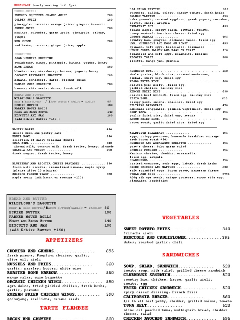 Wildflour Menu | PDF | Salad | Pickling