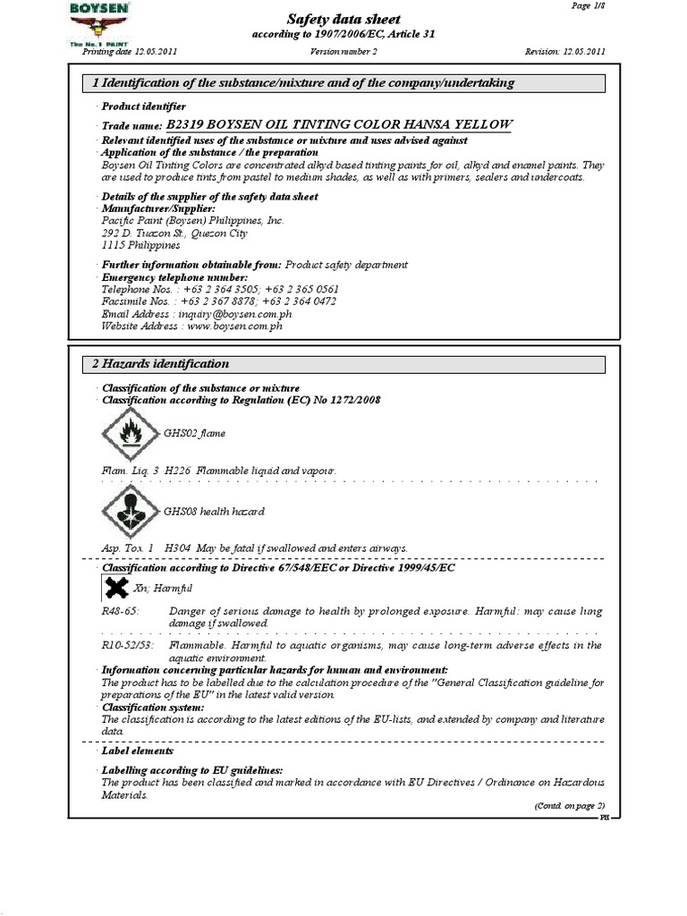 Boysen Hansa Yellow Safety Data Sheet | PDF | Dangerous Goods | Toxicity