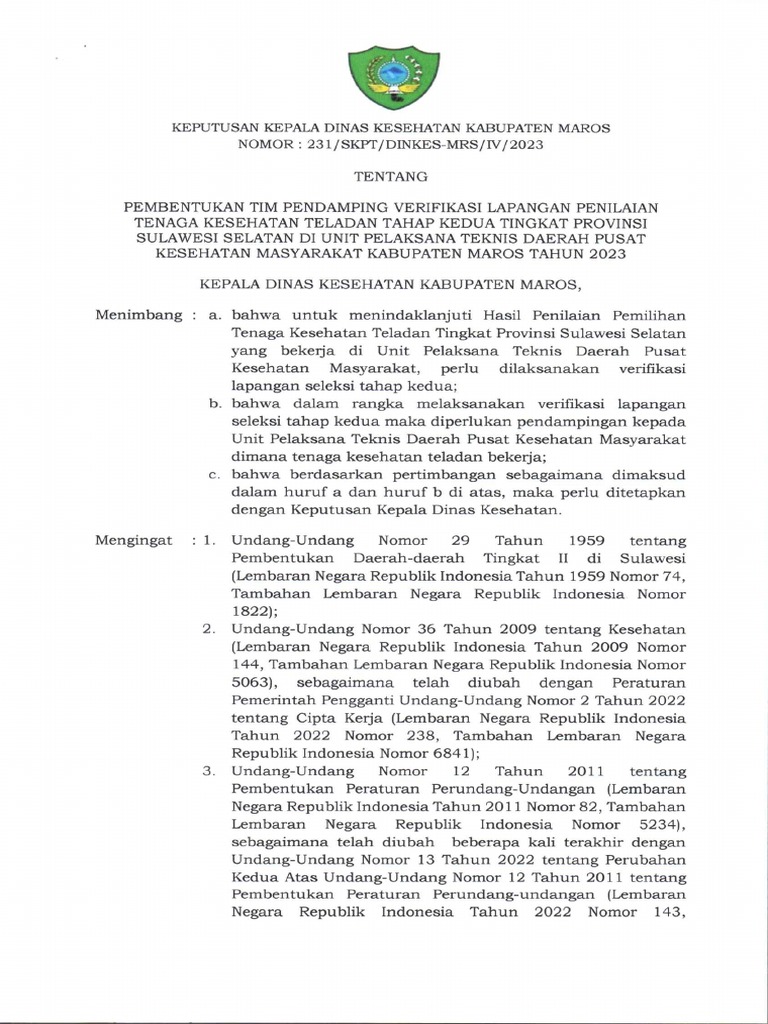 SK Tim Pendamping Verifikasi Lapangan Nakes Teladan | PDF