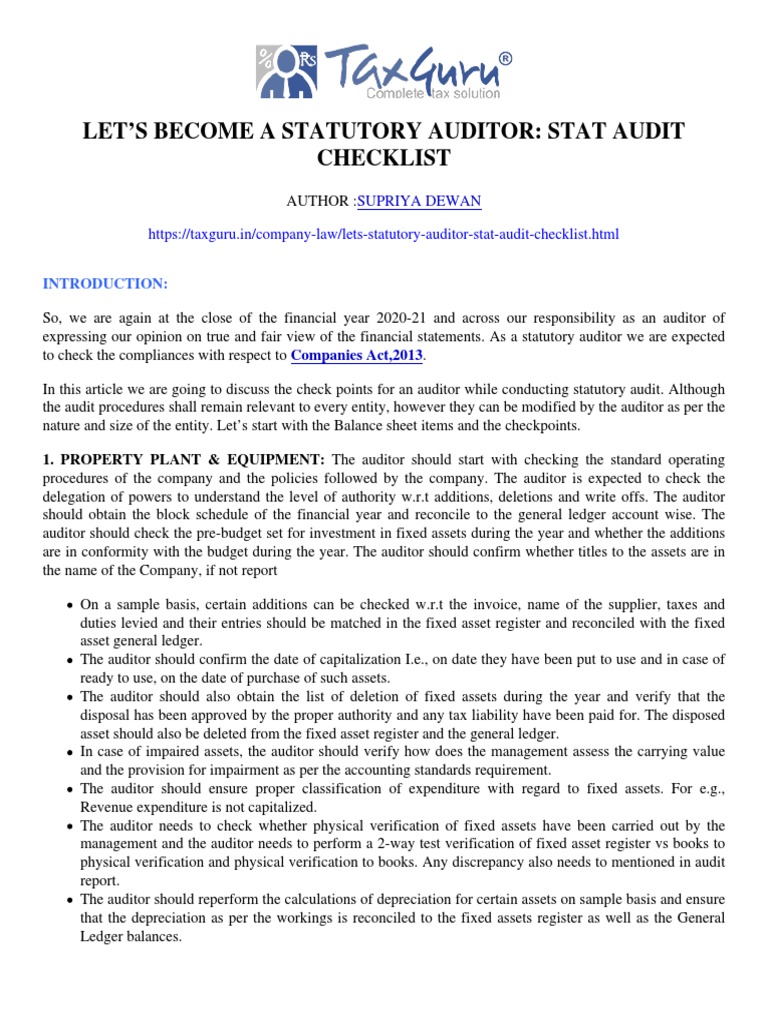 Let’s Become a Statutory Auditor_ Stat Audit Checklist- taxguru.in ...