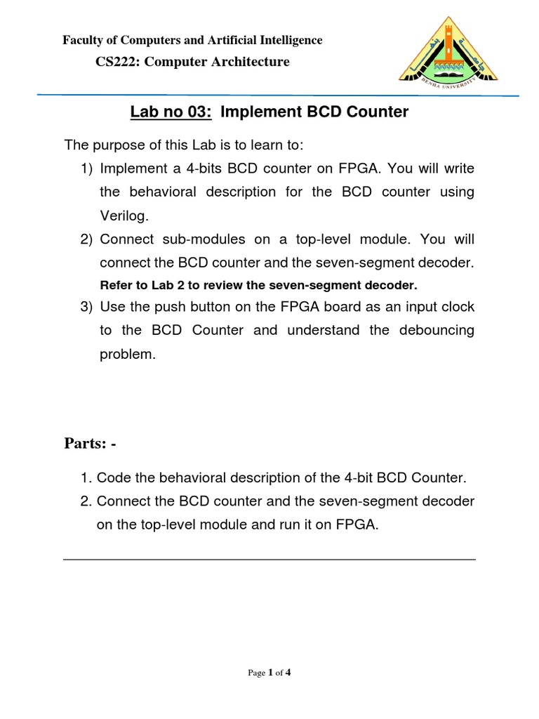 Bcd Counter Lab Fpga Implementation Pdf Binary Coded Decimal