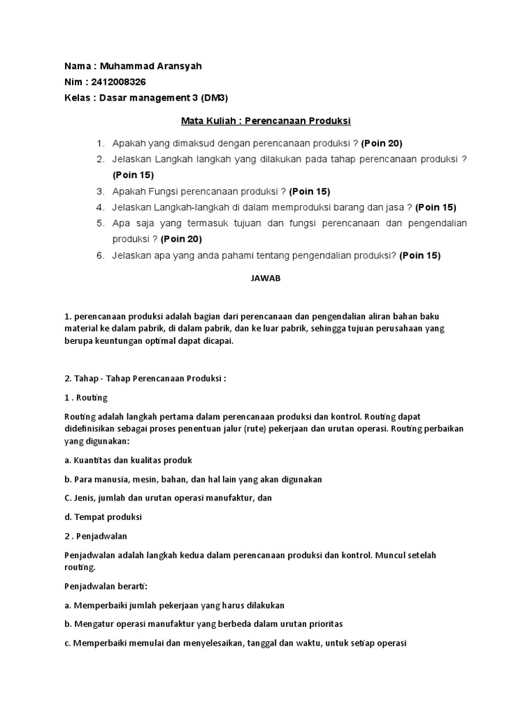 Jawaban Uts Perencanaan Produksi Muhammad Aryansyah (DM3) | PDF