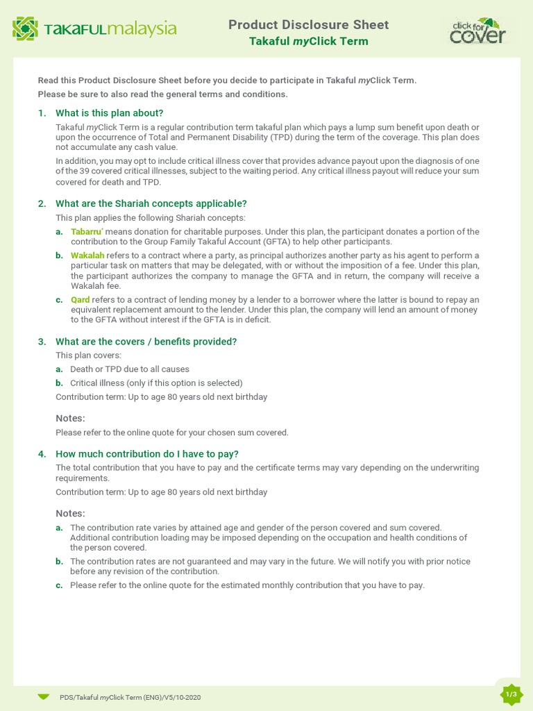 Takaful Myclick Term PDS | PDF | Loans | Financial Services