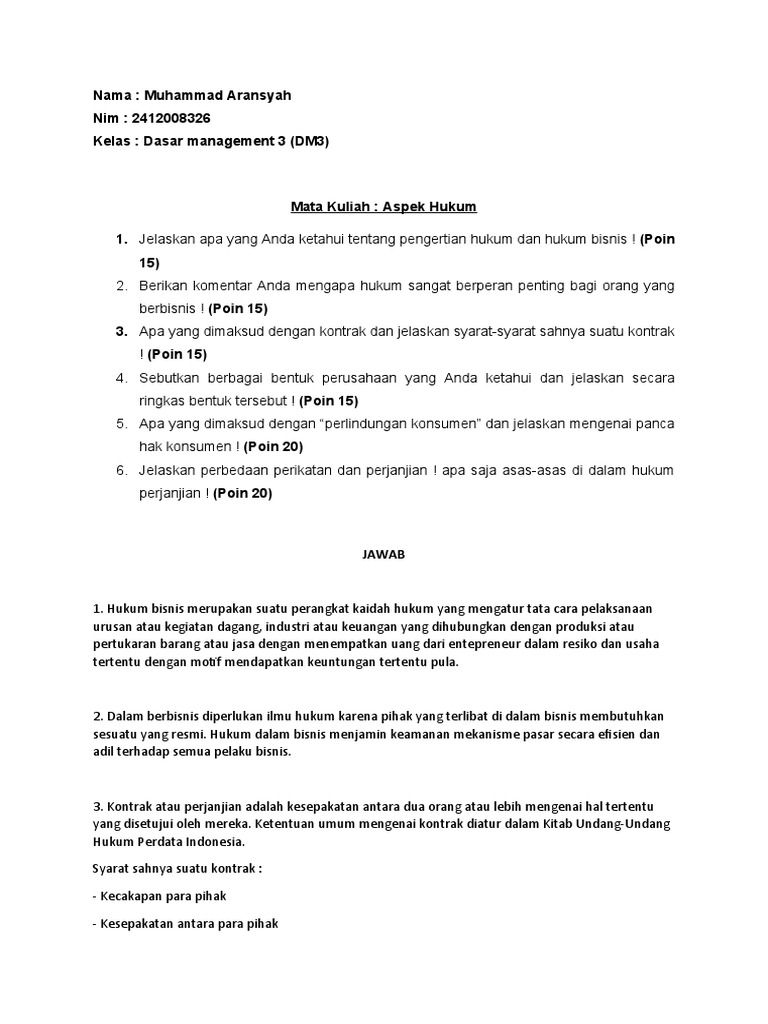 Jawaban Uts Aspek Hukum Muhammad Aryansyah (DM3) | PDF