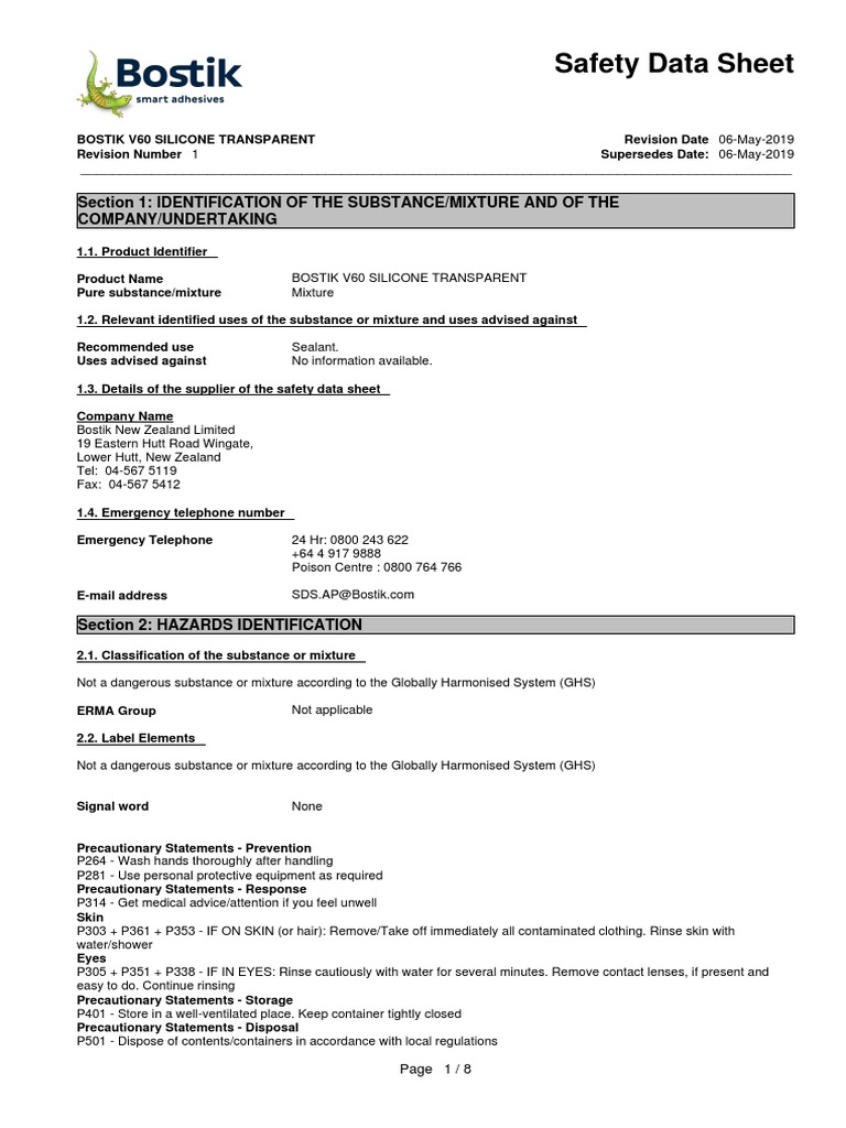 Silicone Transparent Sds v1 | PDF | Personal Protective Equipment | Toxicity