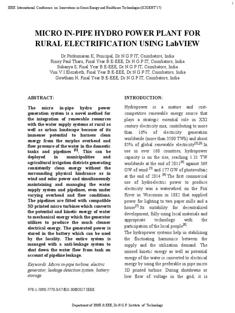 Micro In-Pipe Hydro Power Plant For Rural Electrification Using Labview ...