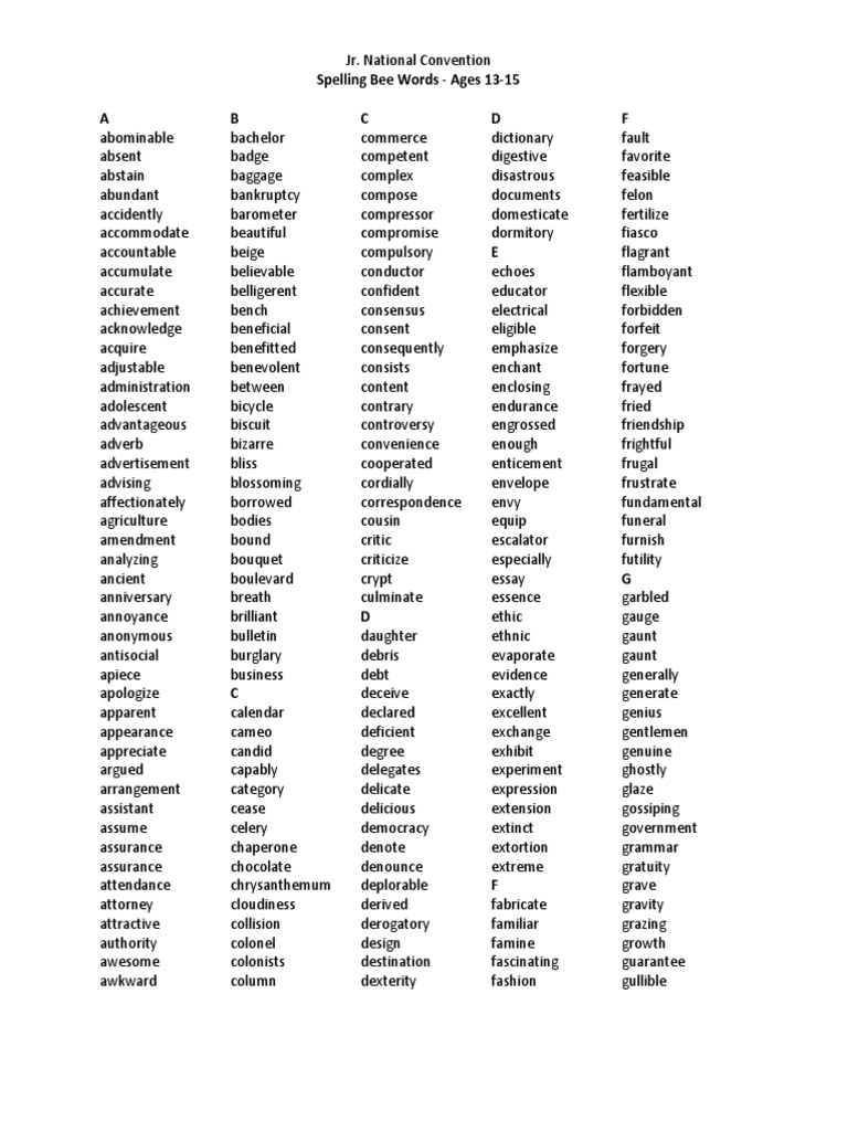 2017 Spelling Bee Words-Ages 13-15 | PDF