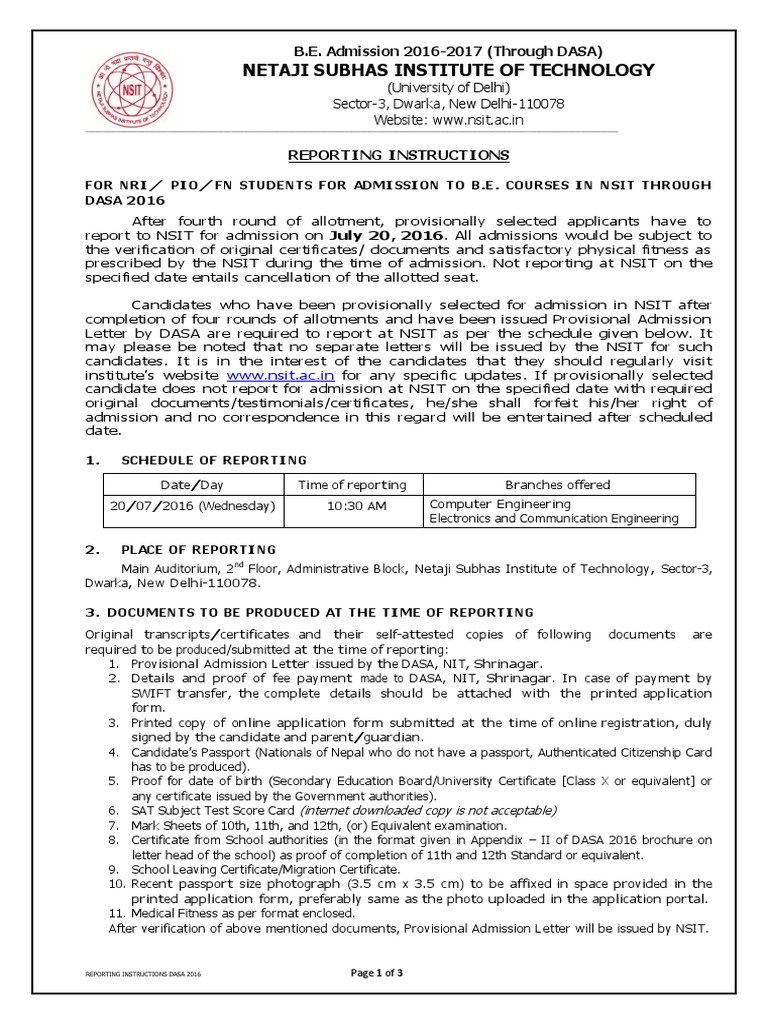 DASA Admission (UG) at NSIT New PDF | PDF | Fee | Travel Visa