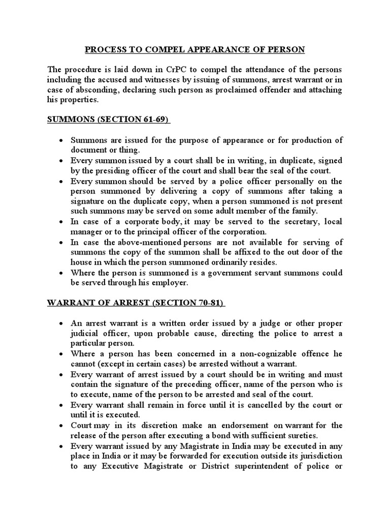 PROCESS TO COMPEL APPEARANCE OF PERSON.docx | PDF | Summons | Arrest