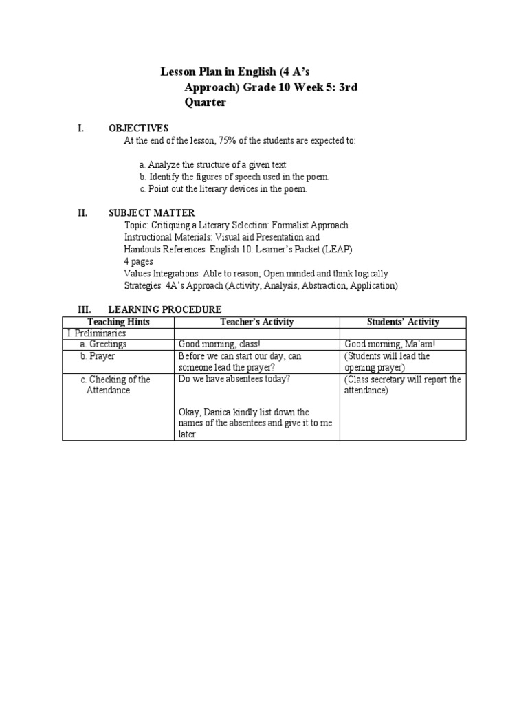 Grade 10 Formalist Approach Lesson Plan | PDF | Poetry | Lesson Plan